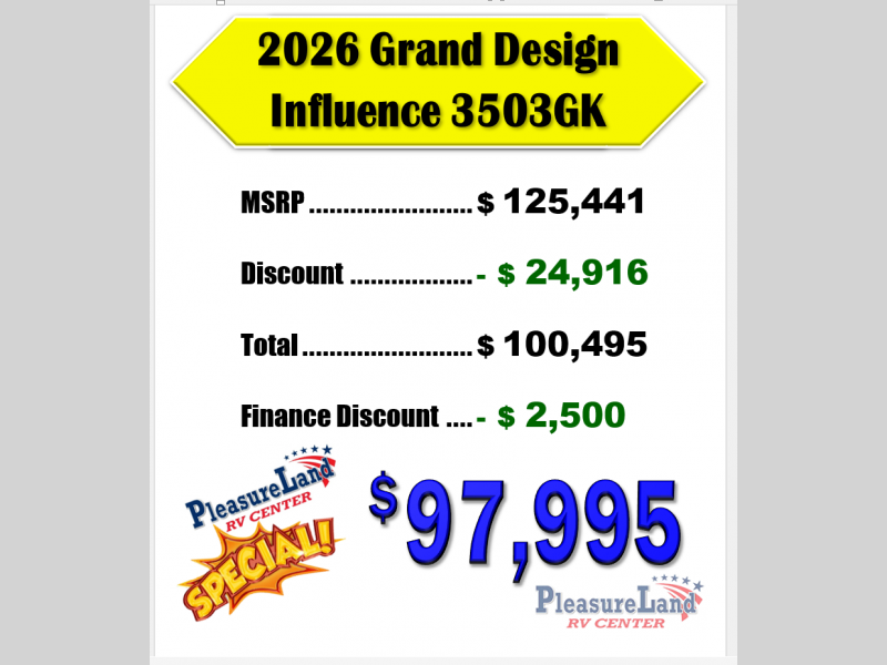 New 2026 Grand Design Influence 3503GK Fifth Wheel at PleasureLand RV ...